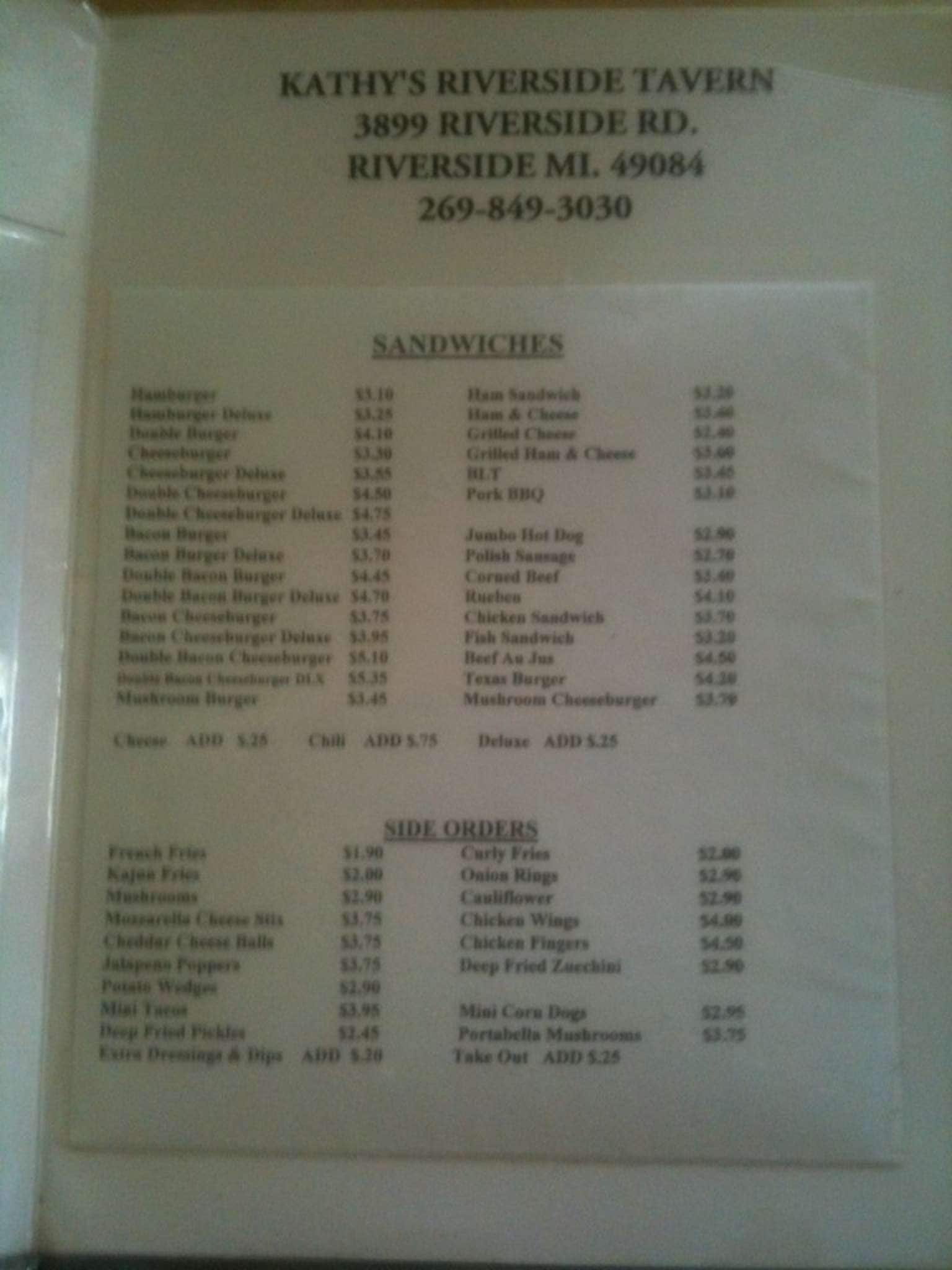 Menu at Riverside Tavern pub & bar, Riverside, Riverside Rd