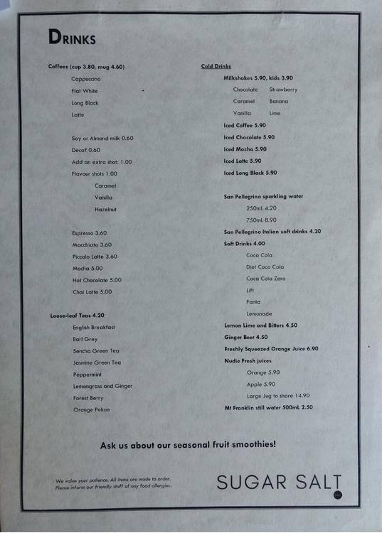 Menu at Sugar Salt Cafe, Galston, 344 Galston Rd