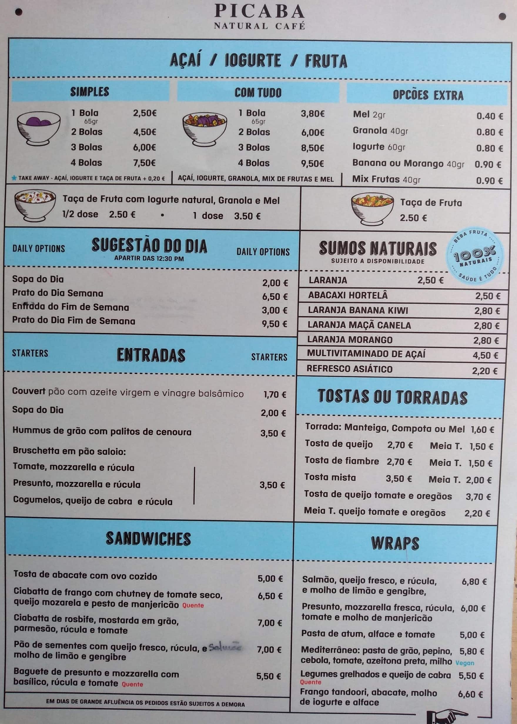 Menu at Picaba Natural Café, Porto