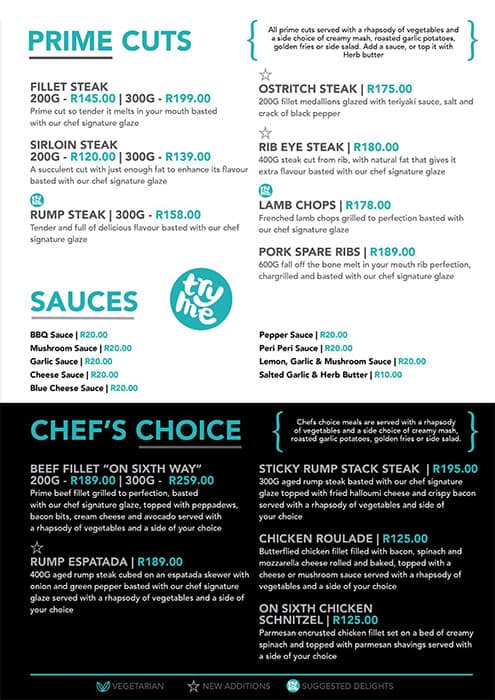 Menu at On Sixth restaurant, Benoni