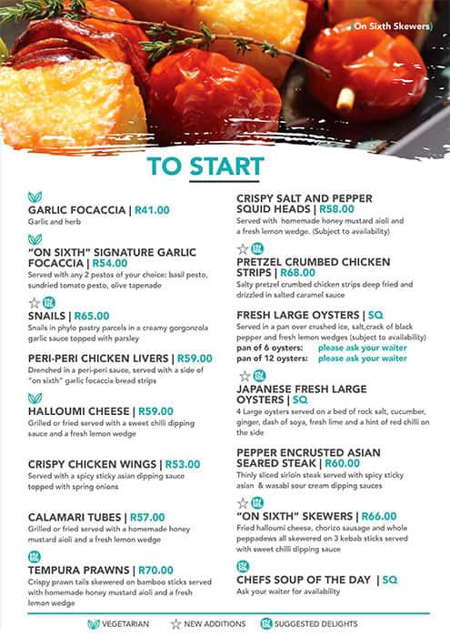 Menu at On Sixth restaurant, Benoni