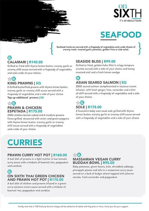 Menu at On Sixth restaurant, Benoni