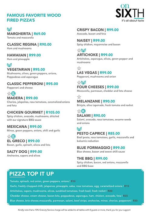 Menu at On Sixth restaurant, Benoni