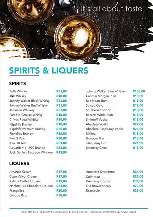 Menu at On Sixth restaurant, Benoni