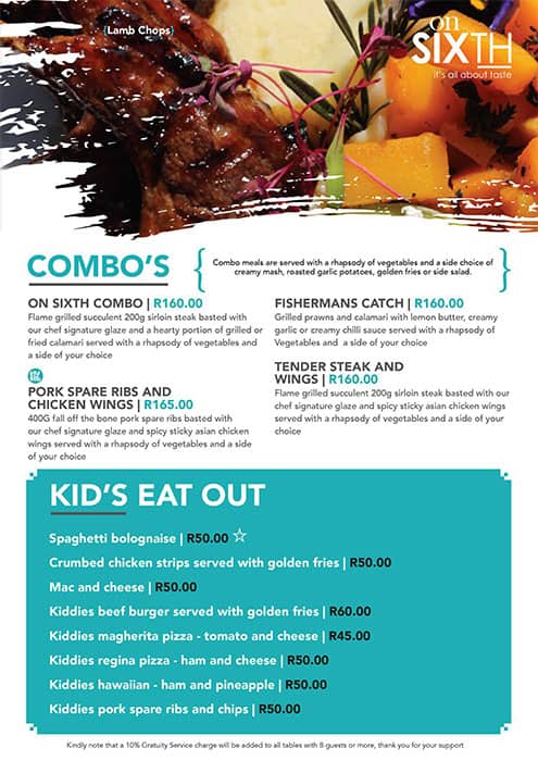 Menu at On Sixth restaurant, Benoni