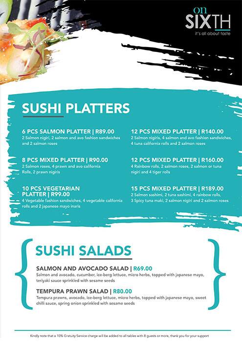 Menu at On Sixth restaurant, Benoni