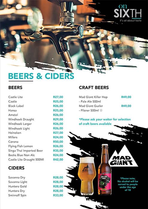 Menu at On Sixth restaurant, Benoni