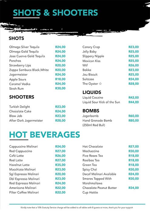 Menu at On Sixth restaurant, Benoni