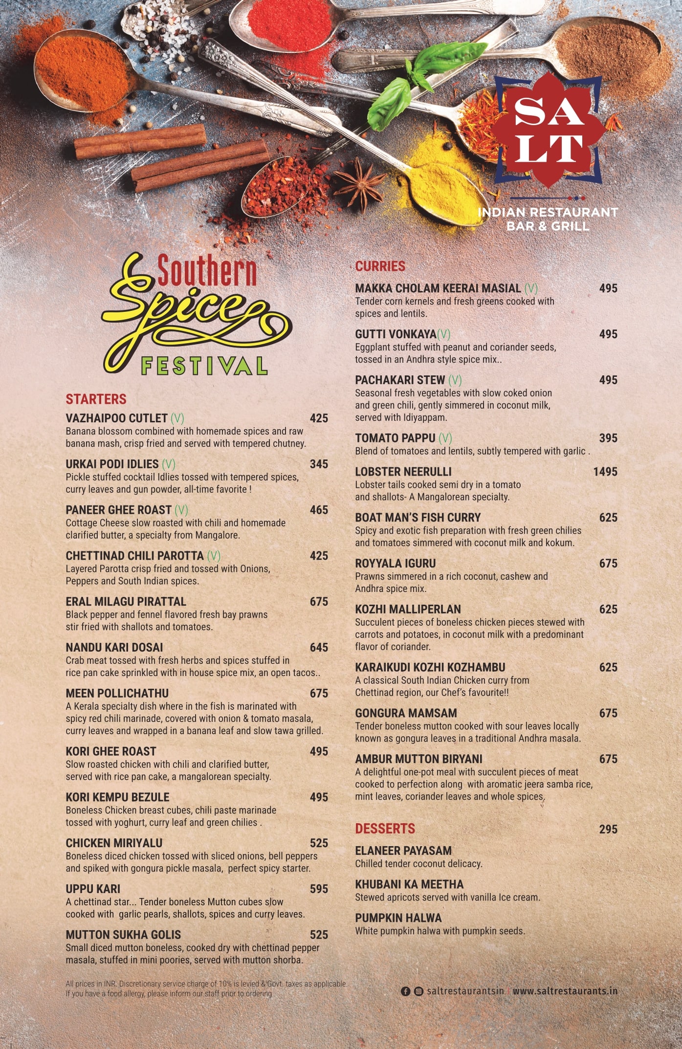 Menu of Salt - Indian Restaurant Bar & Grill, Kalyan Nagar, Bangalore
