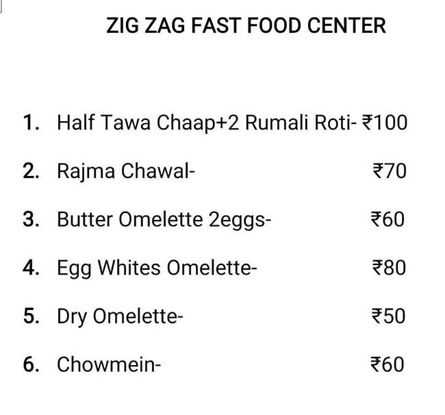 Menu of Zig Zag Fast Food Center, Civil Lines, Agra
