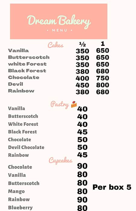 Menu of Dream Bakery, Old Goa, Goa