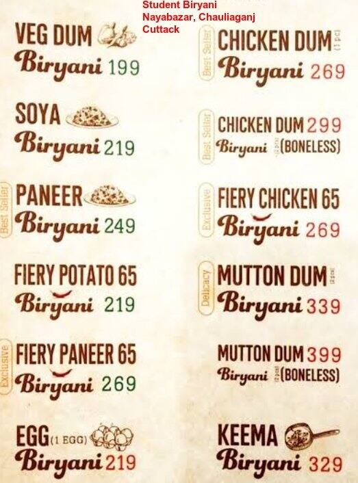 Menu at Student Biryani, Cuttack