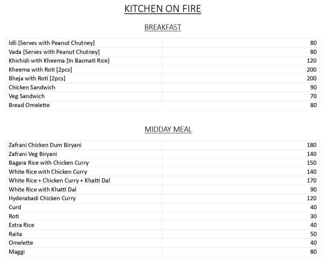 Menu of Kitchen On Fire, Masab Tank, Hyderabad