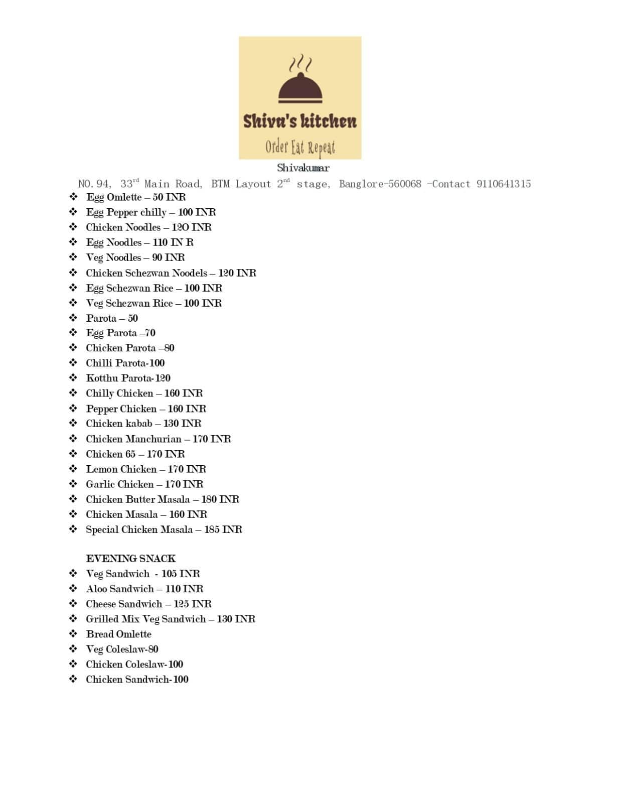 Menu of Shiva's Kitchen, Madiwala, Bangalore
