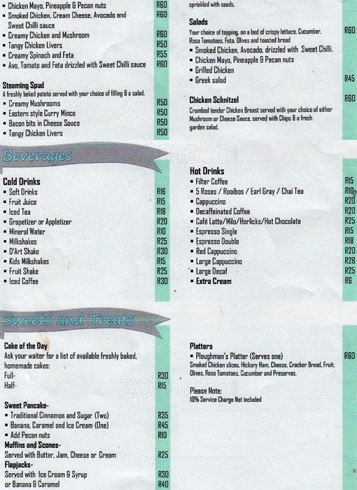 Menu at Alice Art Gallery cafe, Roodepoort