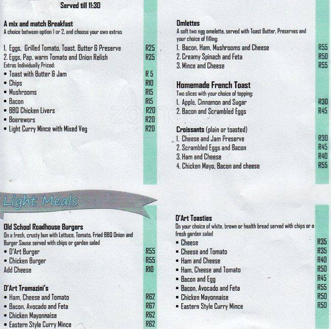 Menu at Alice Art Gallery cafe, Roodepoort