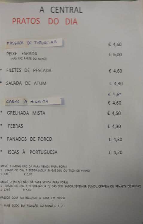 Menu em Pastelaria Central café, Angra do Heroísmo