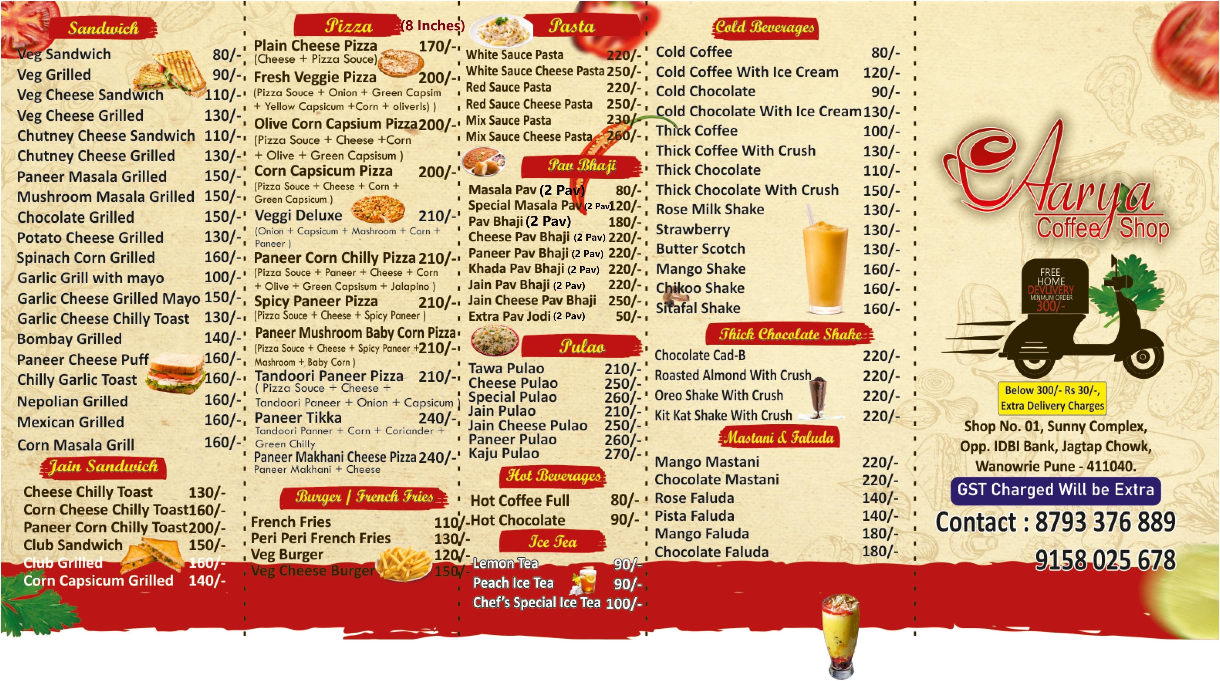 Menu of Arya Coffee Shop, Wanowrie, Pune