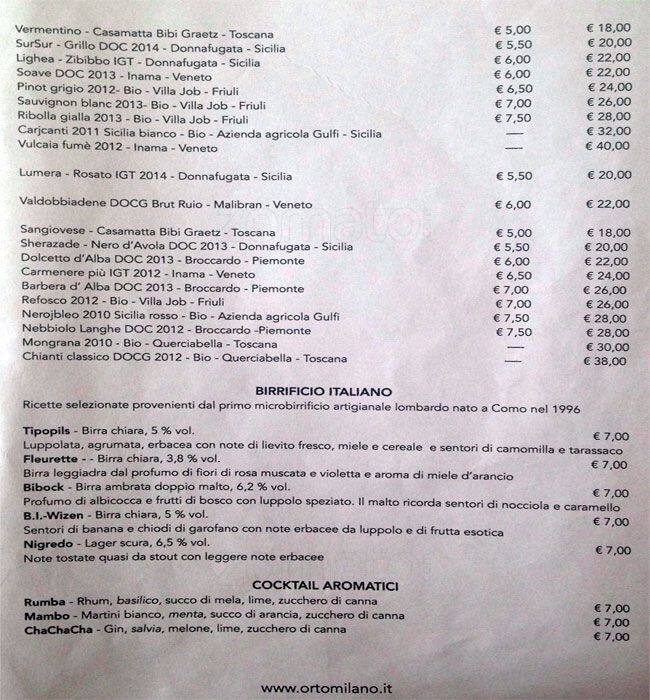 Menu da Orto erbe e cucina ristorante, Milano