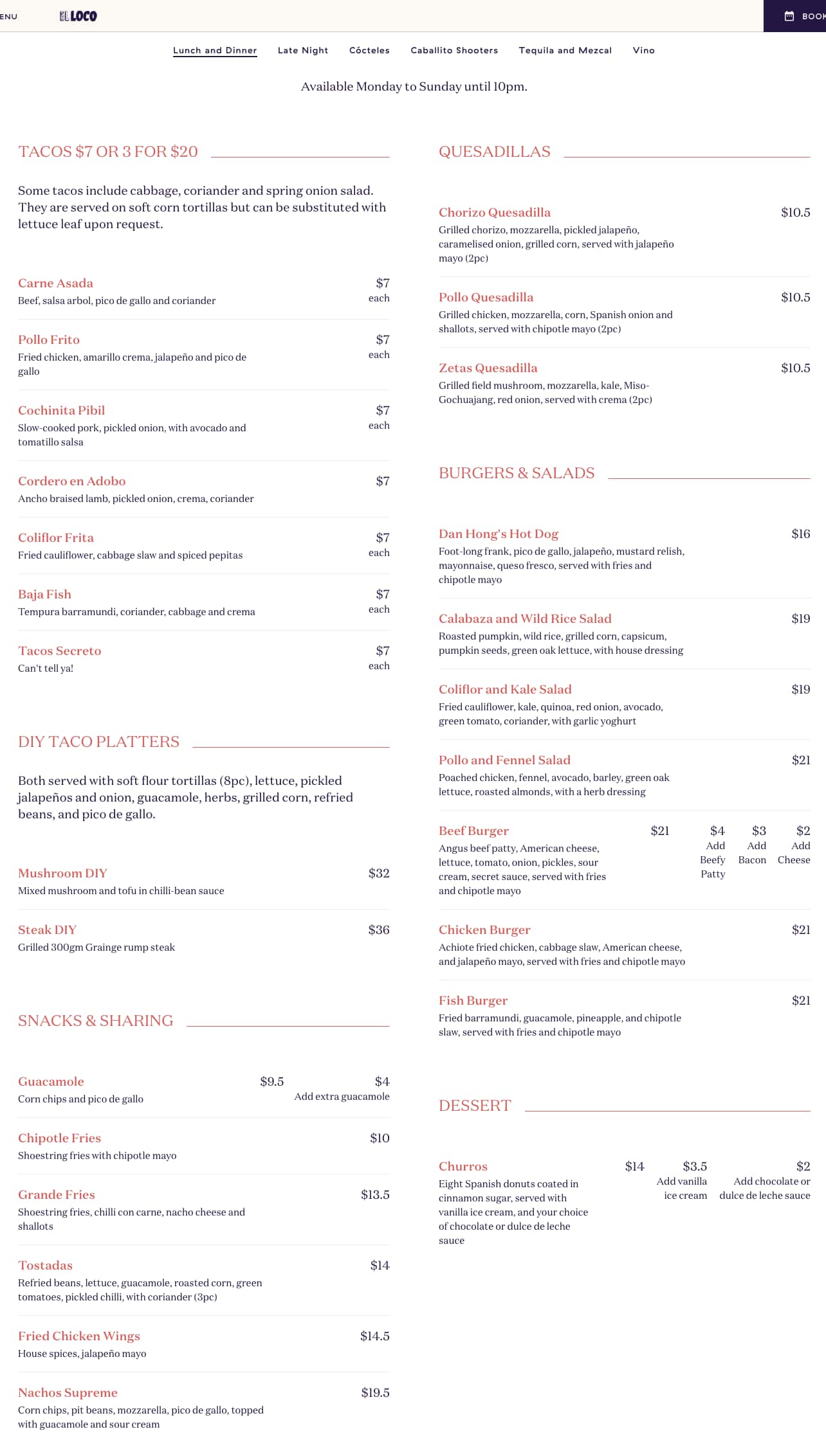 Menu at El Loco at Excelsior pub & bar, Surry Hills, 64 Foveaux St