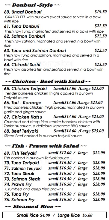 Menu at Kokoro restaurant, Bunbury, 30 Victoria St