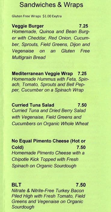 Menu at Sprouts Cafe, Gastonia
