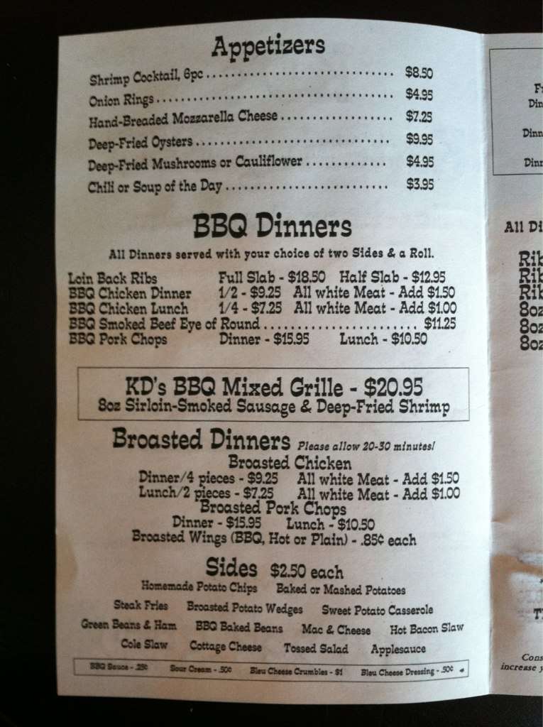 Menu at K D's Kettering Bar-B-Q, Dayton