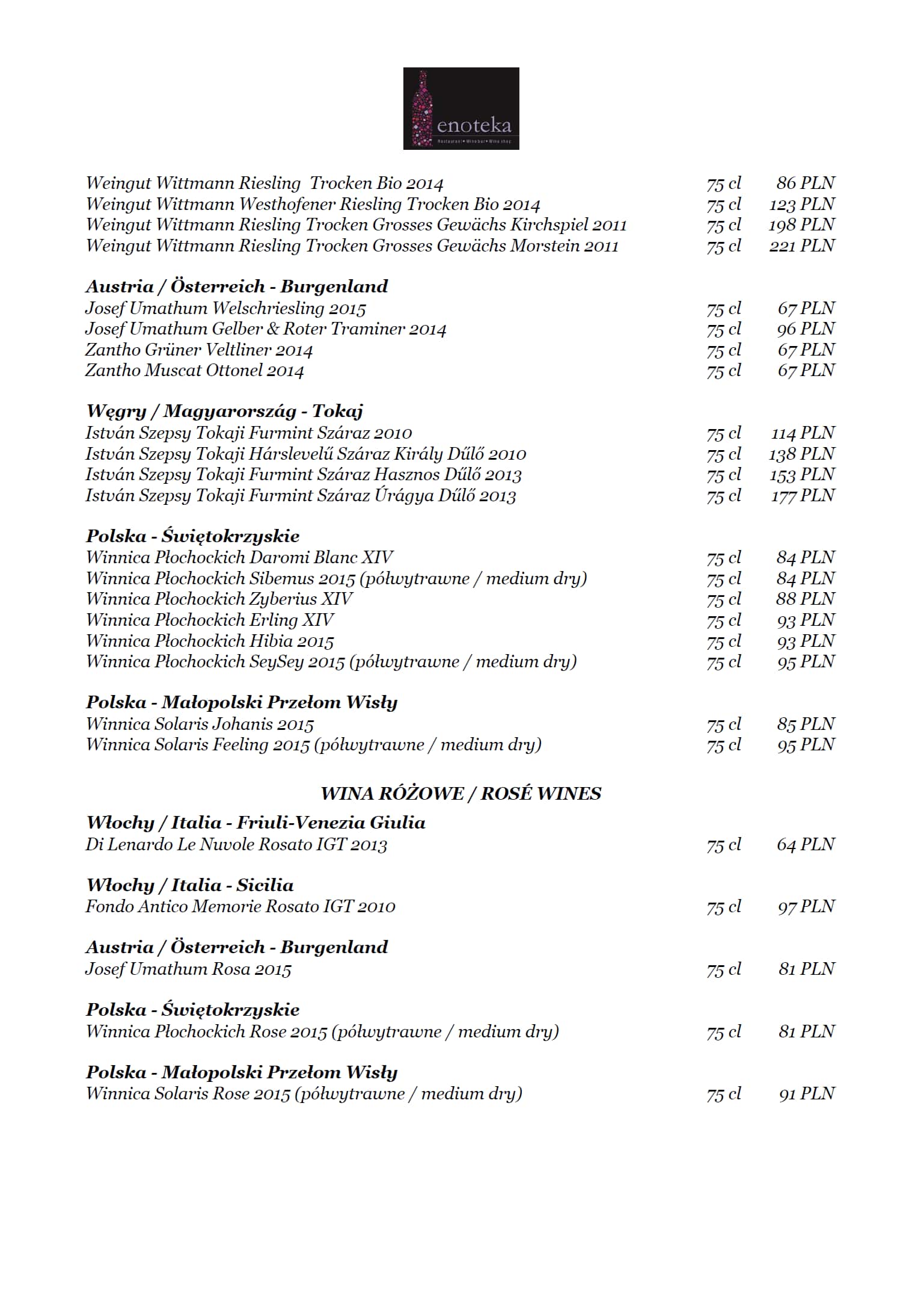 Menu at Enoteka Warszawska pub & bar, Warsaw, rynek Nowego Miasta 13/15