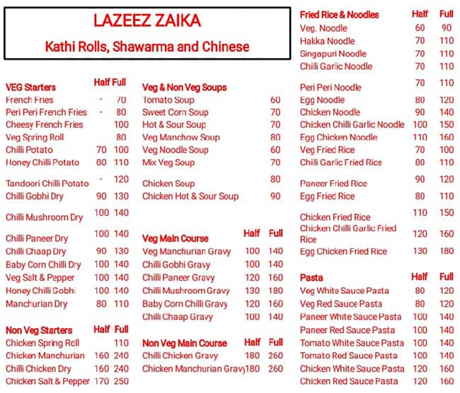 Menu of Lazeez Zaika, Krishna Nagar, New Delhi