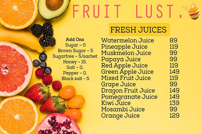 Menu of Fruit Lust, Sainikpuri, Secunderabad