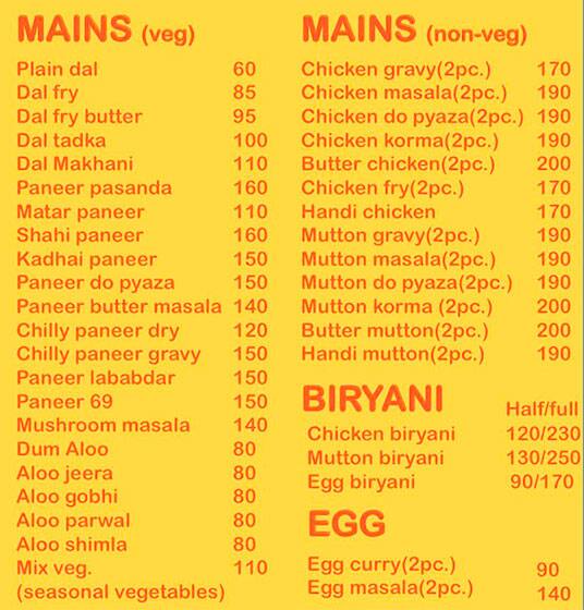 Menu of Sai Dhaba, Charbagh, Lucknow