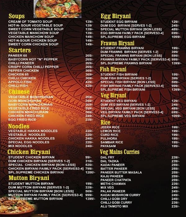 Menu of The Taste Of Telangana, Begumpet, Hyderabad