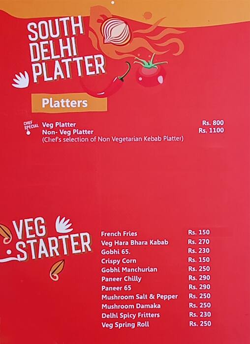 Menu at South Delhi restaurant, Vagator