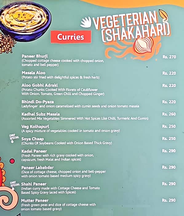 Menu at South Delhi restaurant, Vagator