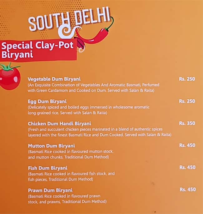 Menu at South Delhi restaurant, Vagator