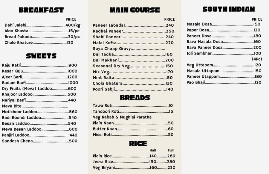 Menu of Padmavassa Sweets & Restaurant, Gomti Nagar, Lucknow