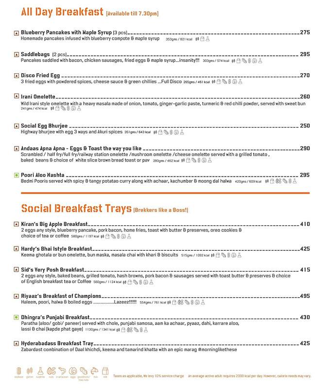 Menu of Mindspace Social, Hitech City, Hyderabad
