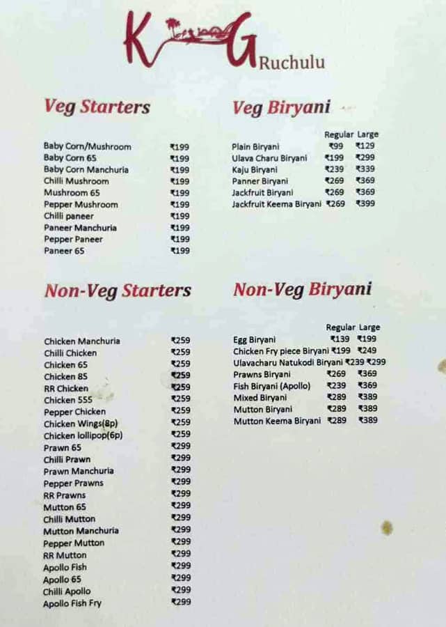 Menu of Krishna Godavari Ruchulu, Kukatpally, Hyderabad