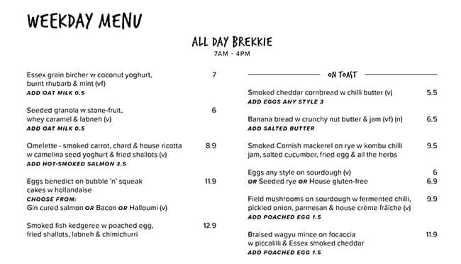 Menu at Ozone Coffee Roasters, Shoreditch cafe, London