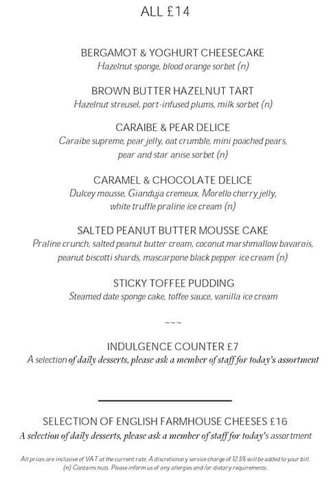 Menu at Collins Room restaurant, London, The Berkeley