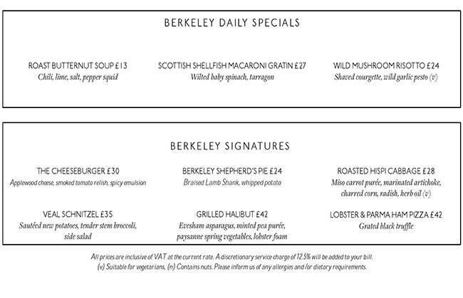 Menu at Collins Room restaurant, London, The Berkeley