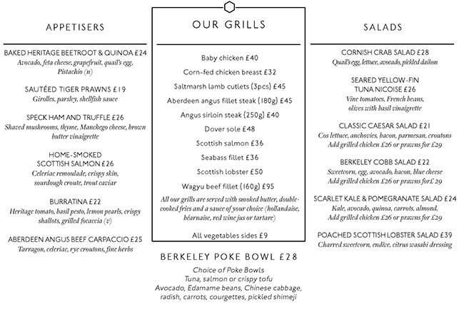 Menu at Collins Room restaurant, London, The Berkeley