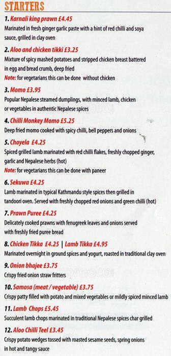 Menu at Monkey Temple restaurant, London