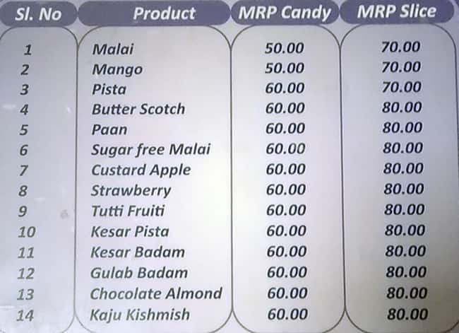 Menu at Bombay Kulfi, Chennai, 3/319