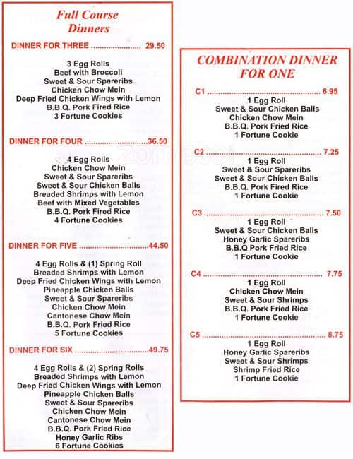 Menu at Moon Light restaurant, Toronto