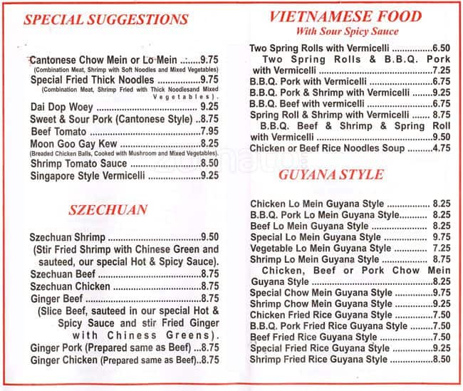 Menu at Moon Light restaurant, Toronto