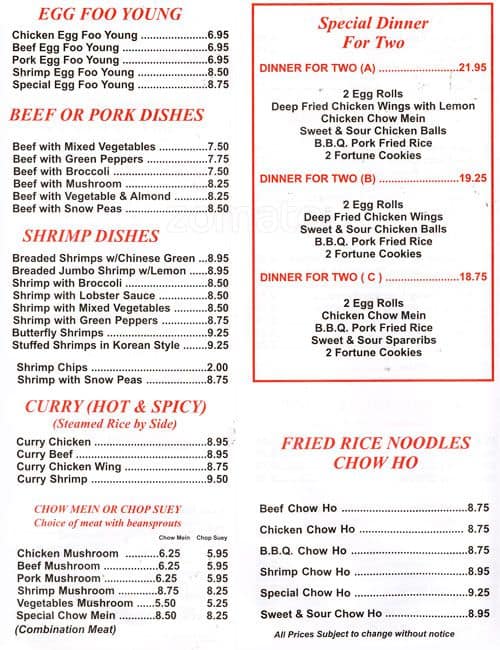 Menu at Moon Light restaurant, Toronto