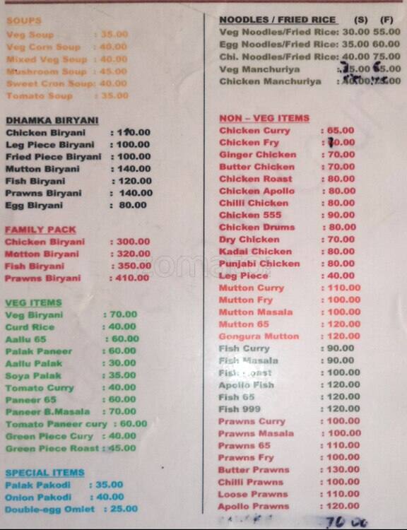 Menu at Reddy's Food Court, Hyderabad, Beside More Supermarket