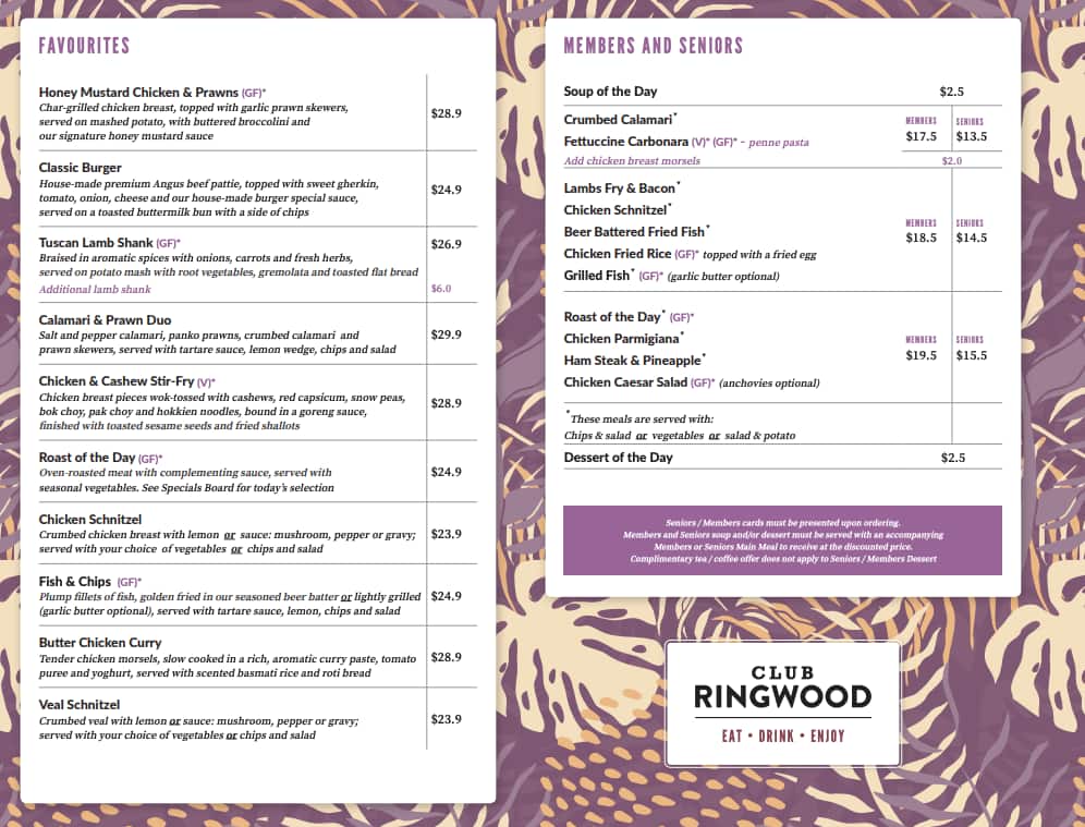Menu at Club Ringwood, Ringwood