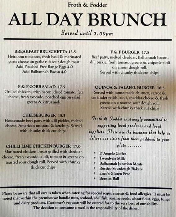 Menu at Froth & Fodder cafe, Kurralta Park